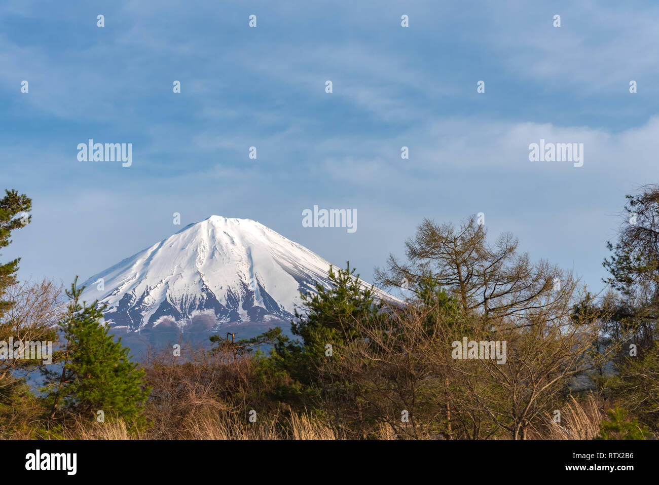Close up snow covered Mount Fuji ( Mt. Fuji ) in blue sky background on ...