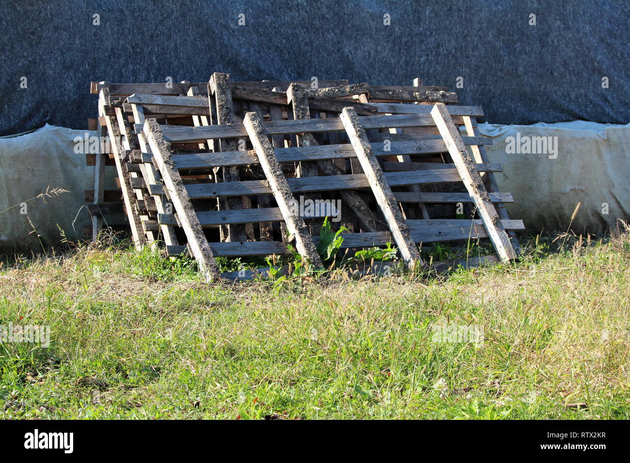 Dirty wooden pallets stacked together on single pile leaned on box ...