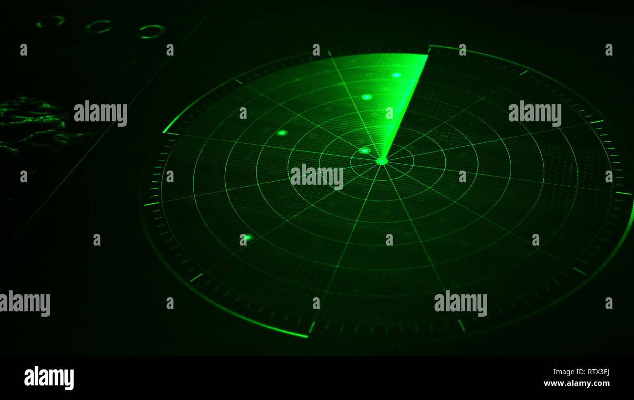 Digital blue realistic radar with targets on monitor in searching. Air ...