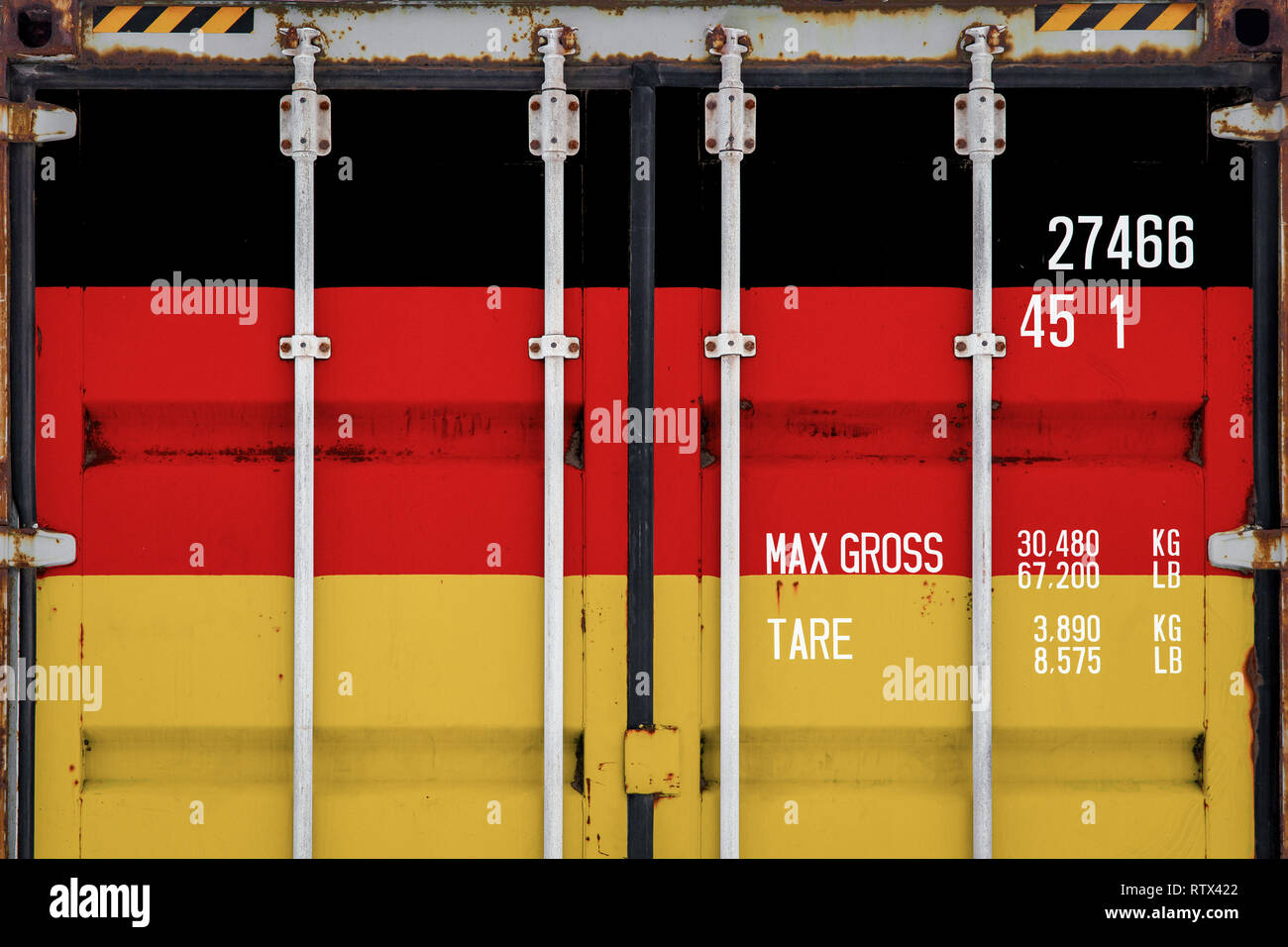 Close-up of the container with the national flag of Germany. The ...