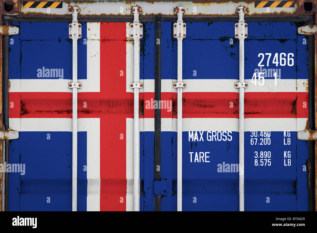 Close-up of the container with the national flag of Iceland. The ...