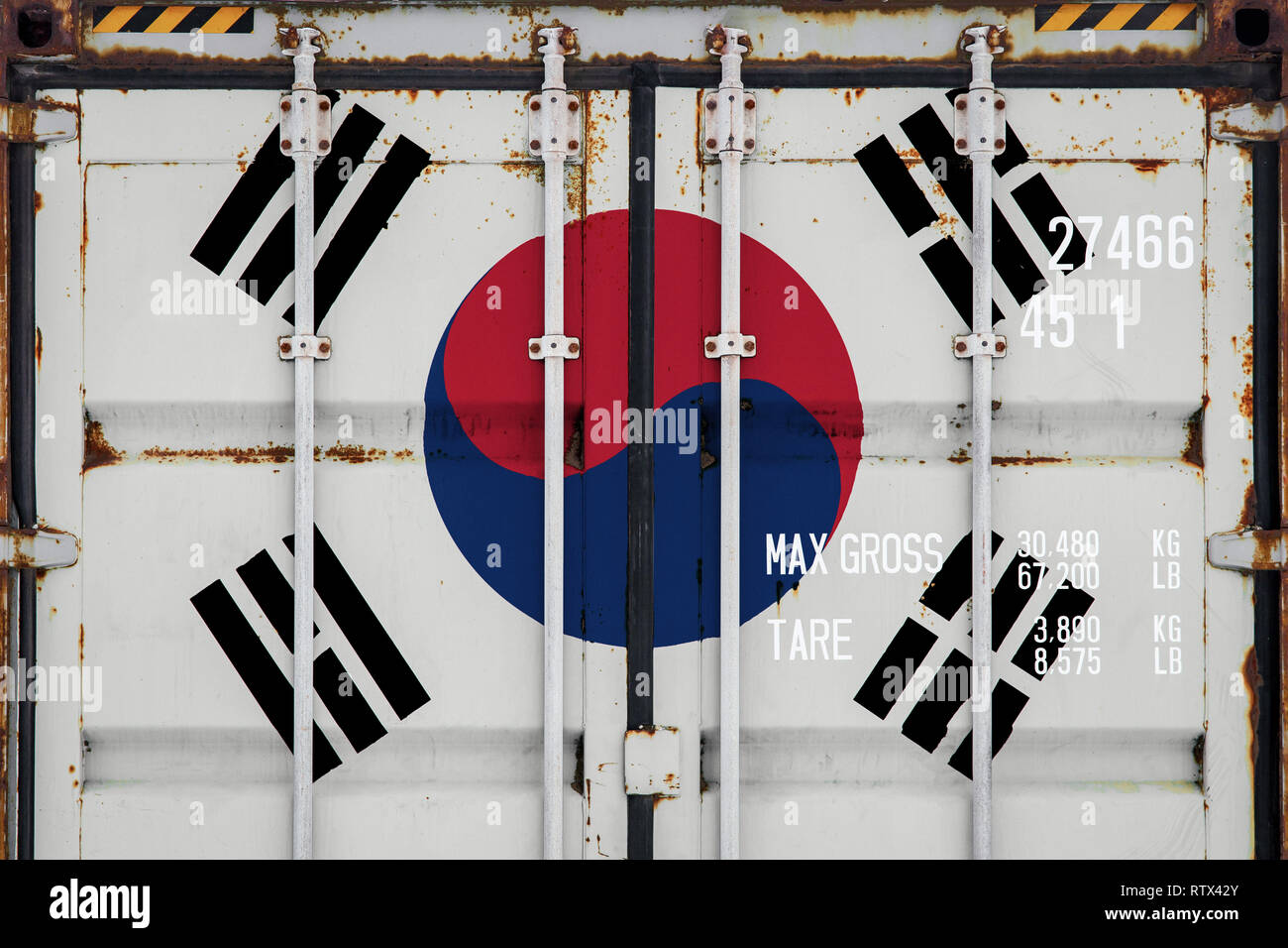 Close-up of the container with the national flag of South Korea. The ...