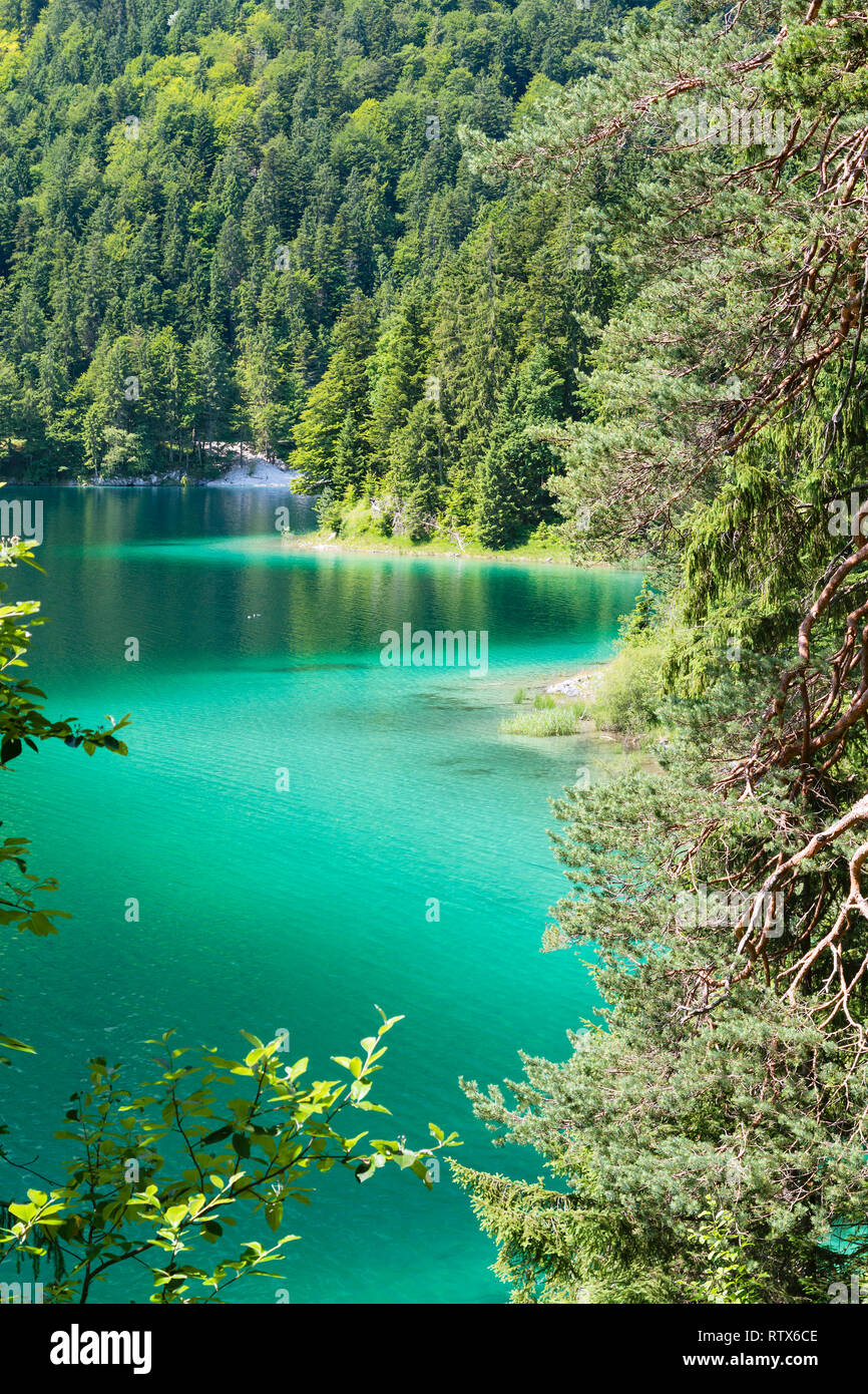 Clear turquoise water at lake Eibsee near the Wetterstein in Garmisch ...