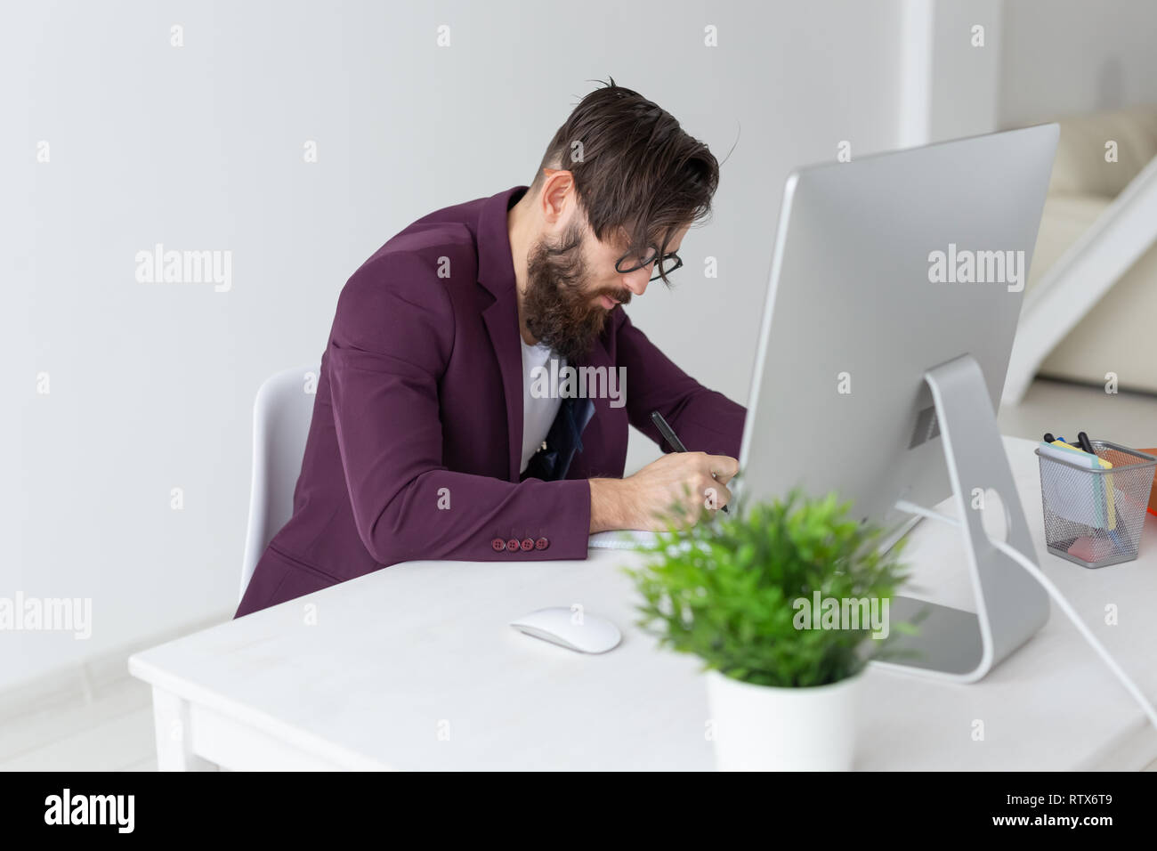 people, design and style concept - graphic designer sketching new ...