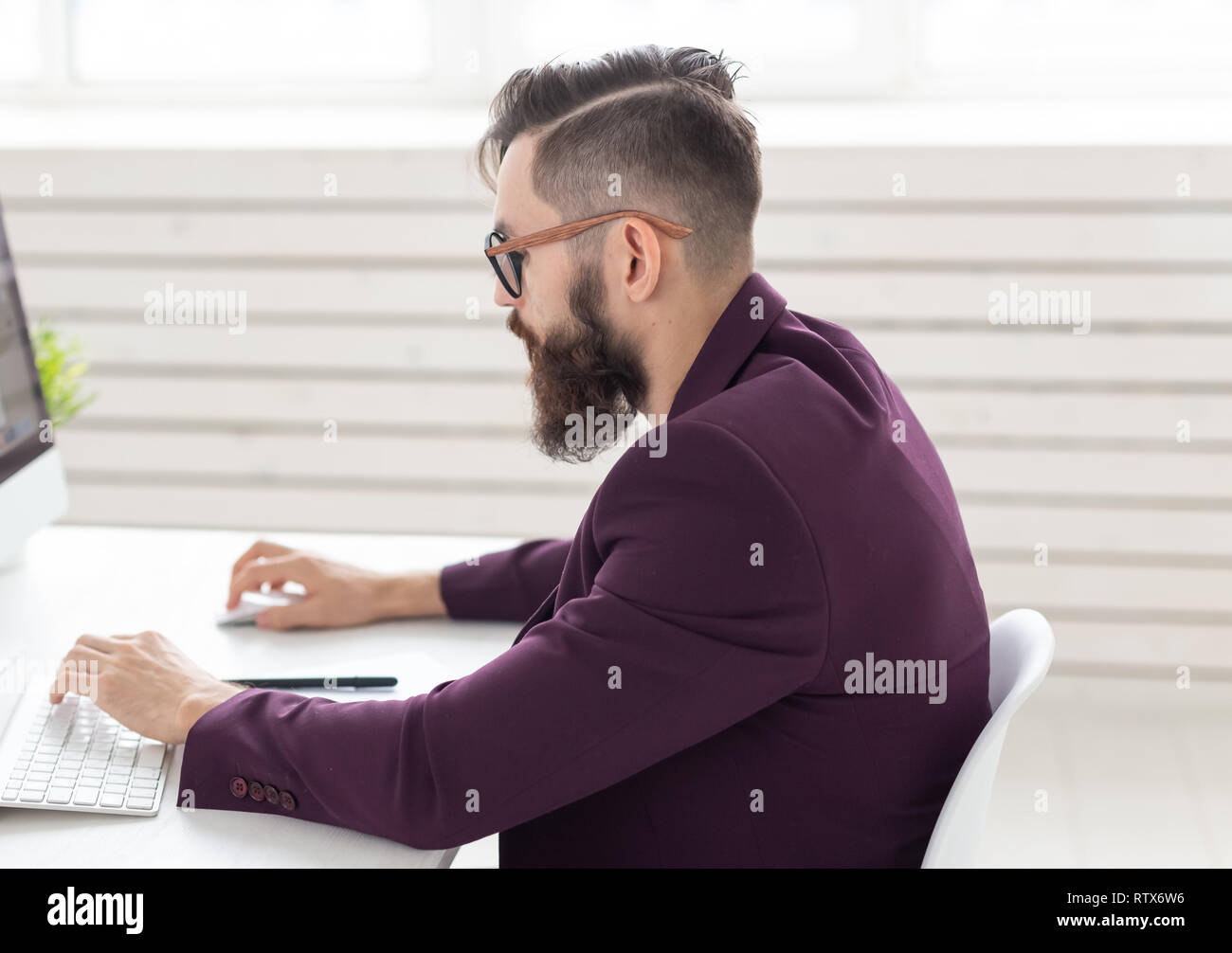 People and technology concept - Side view portrait of handsome man ...