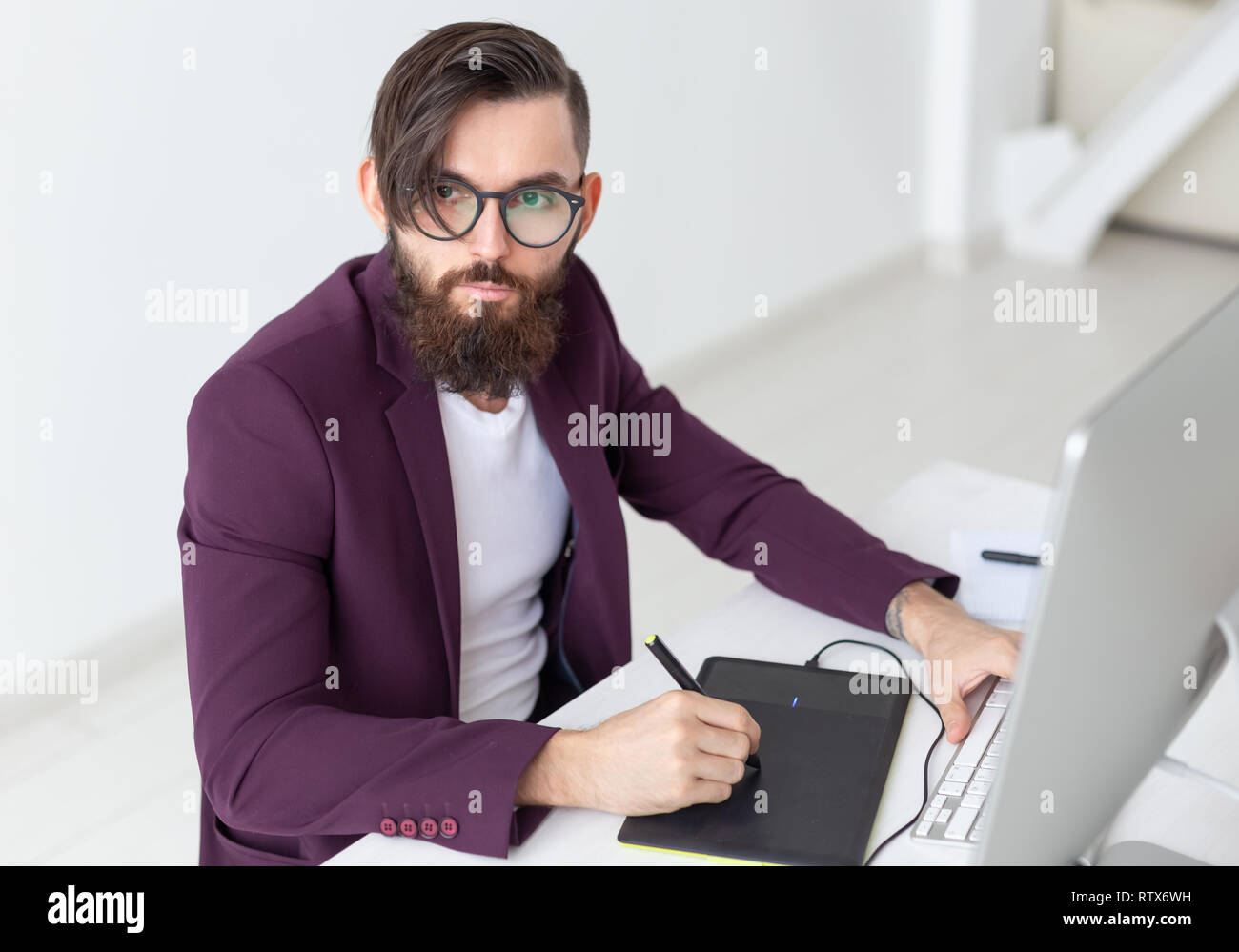 People, designer and technology concept - Man illustrator with ...