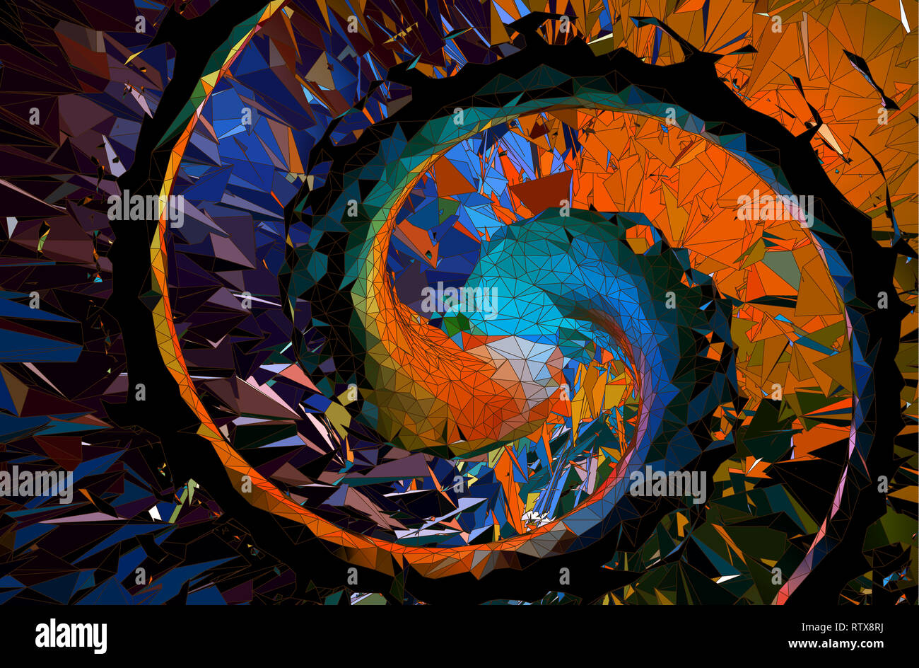 Abstract colorful polygonal spiral triangular composition on dark ...