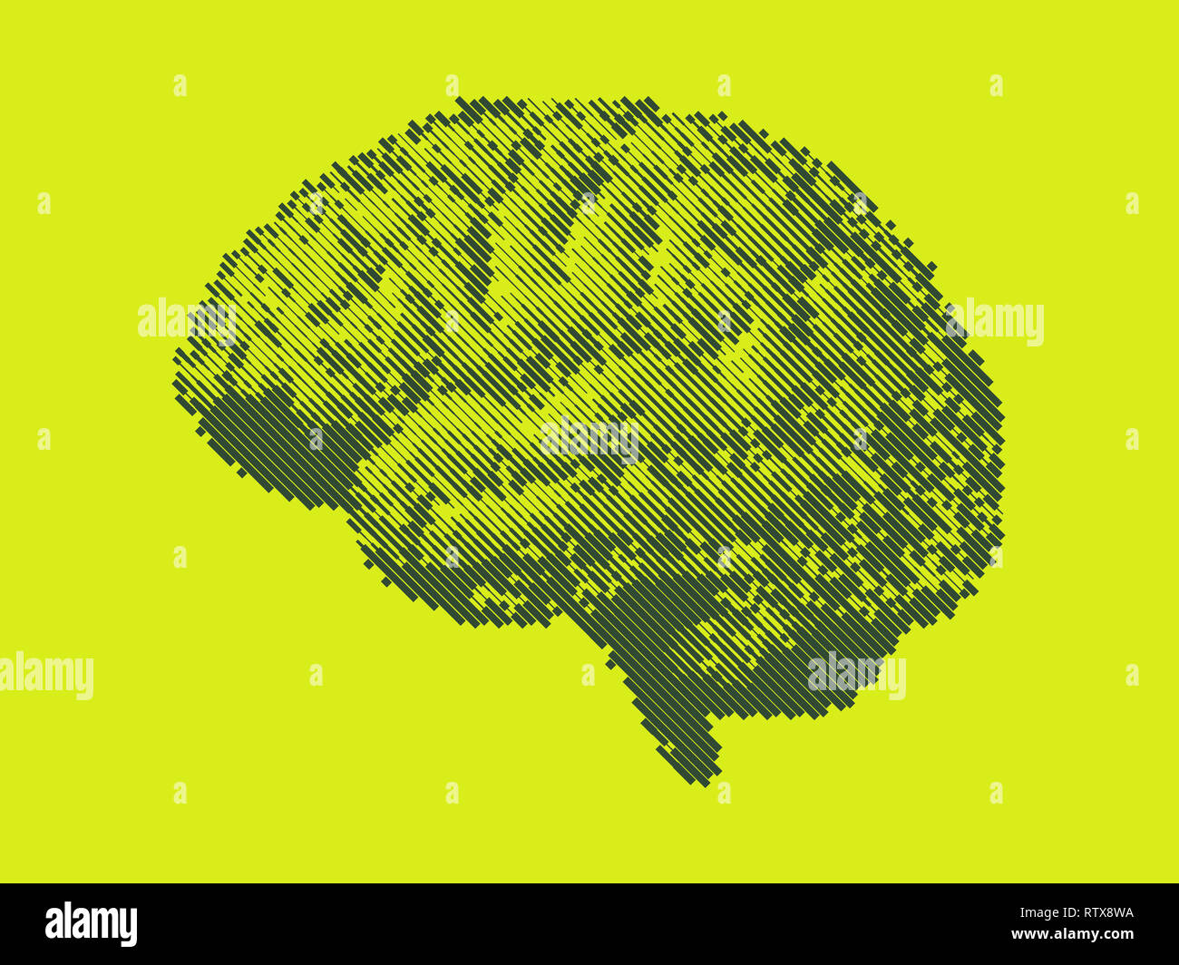 Stylized stripe brain illustration on bright yellow green background ...