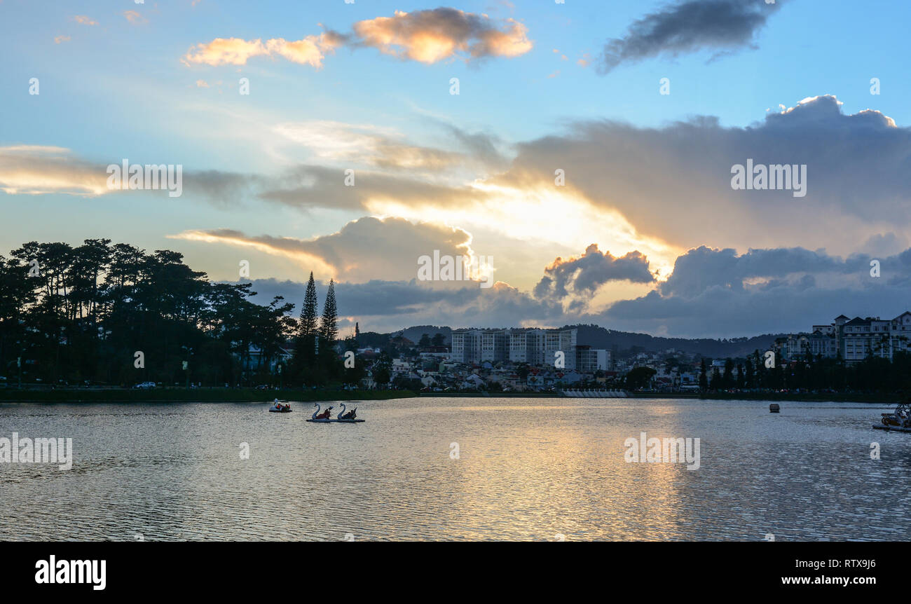 Dalat, Vietnam - Jan 25, 2016. Lake Xuan Huong at sunset in Dalat ...
