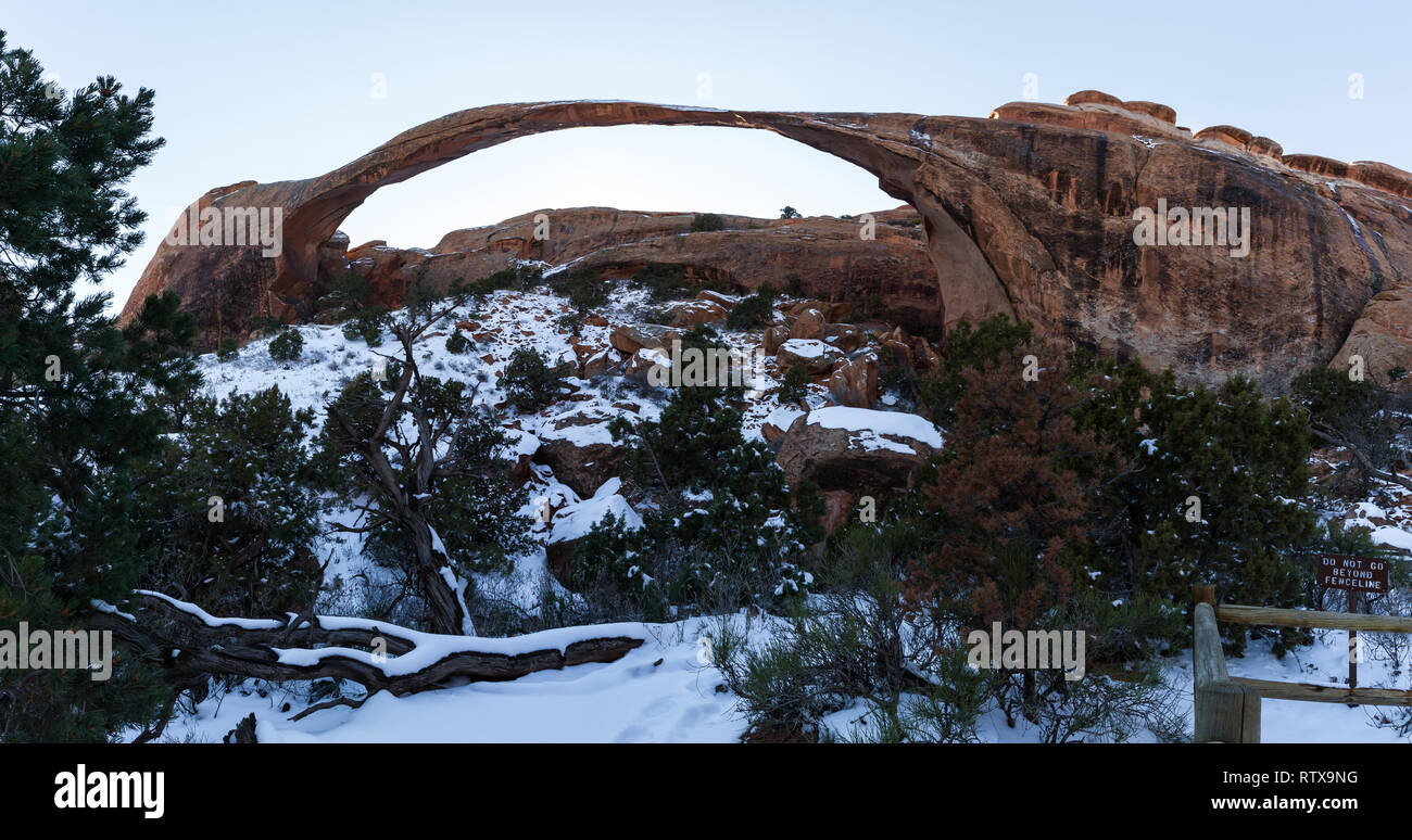 Landscape Arch in the afternoon with fresh snow on the ground Stock ...