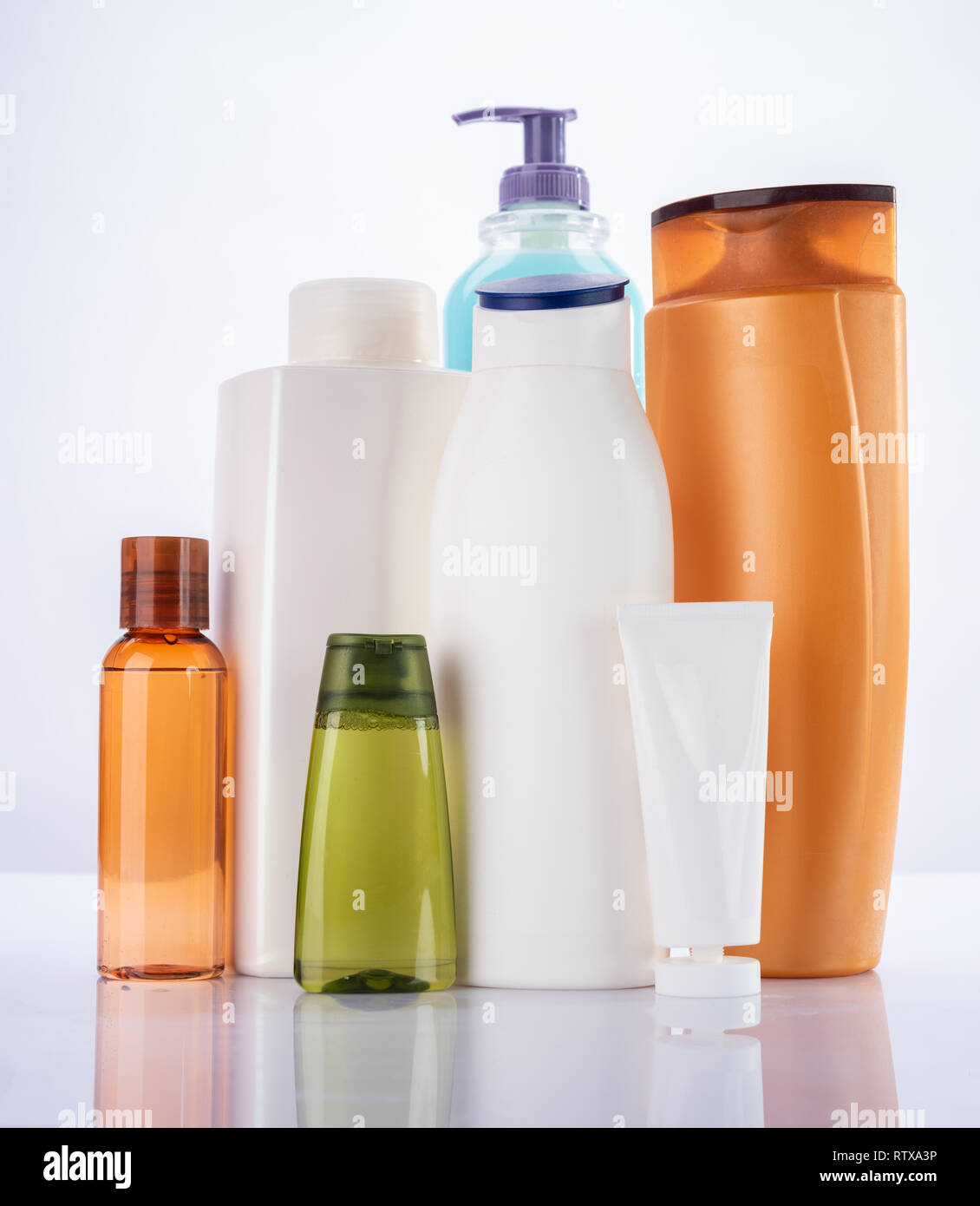 shower products on white reflective background Stock Photo - Alamy