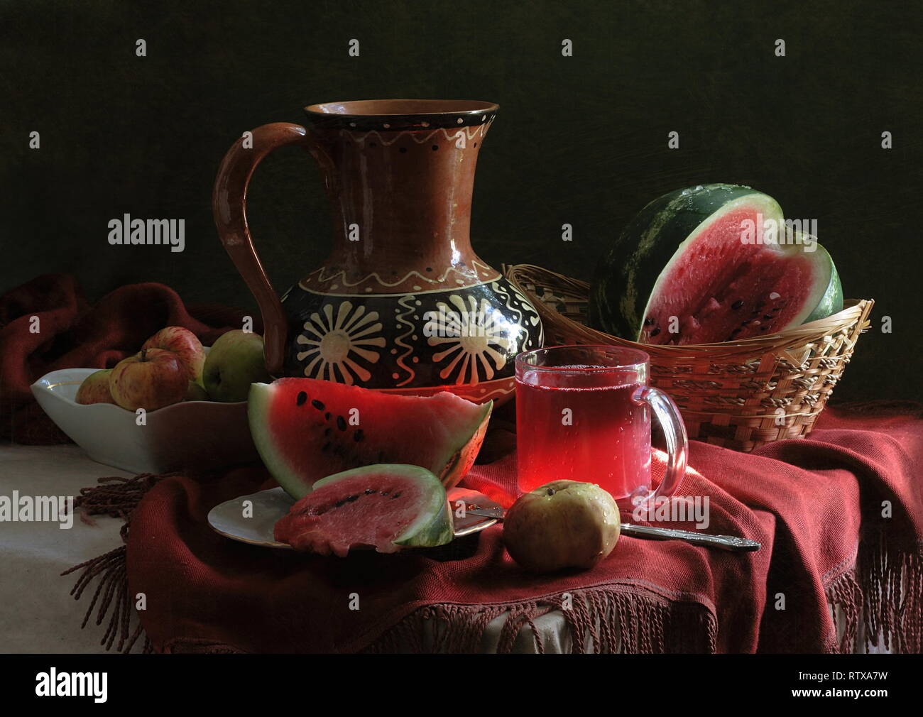 Still life with watermelon on a wooden table Stock Photo - Alamy