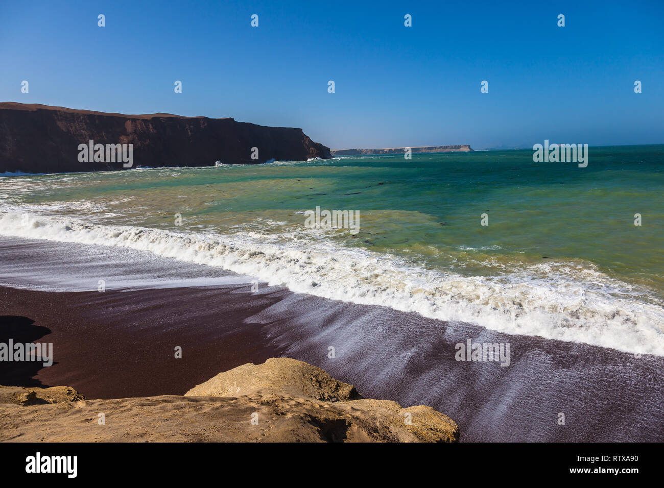 Blue sky, green sea, yellow cliffs, red sand beaches, coasts of Peru ...