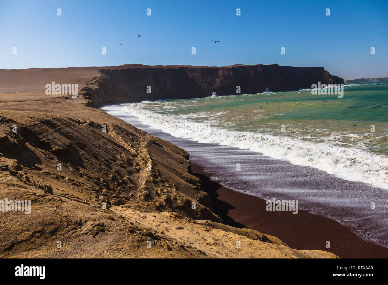 Blue sky, green sea, yellow cliffs, red sand beaches, coasts of Peru ...