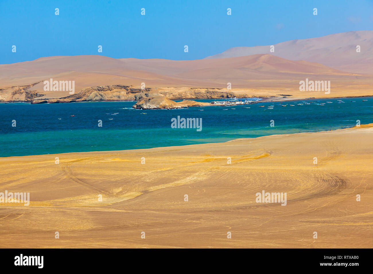 Blue sky, green sea, yellow cliffs and many birds, coasts of Peru ...