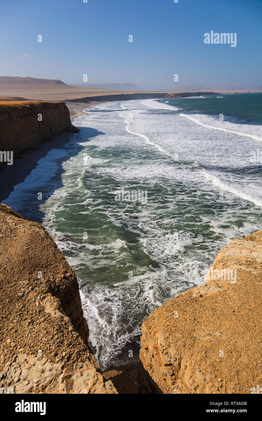Blue sky, green sea, yellow cliffs and many birds, coasts of Peru ...