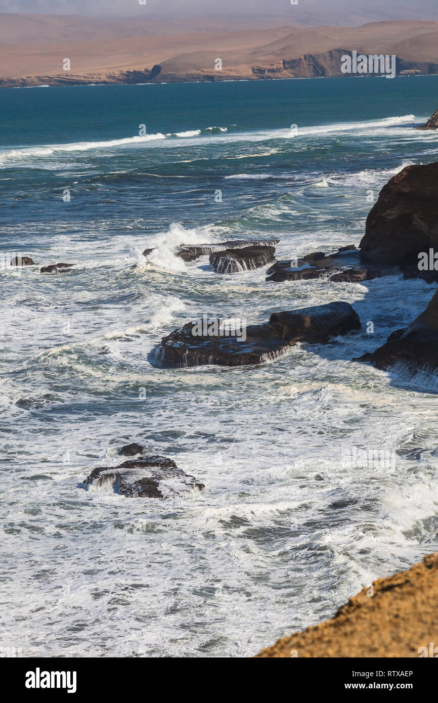 Blue sky, green sea, yellow cliffs and many birds, coasts of Peru ...