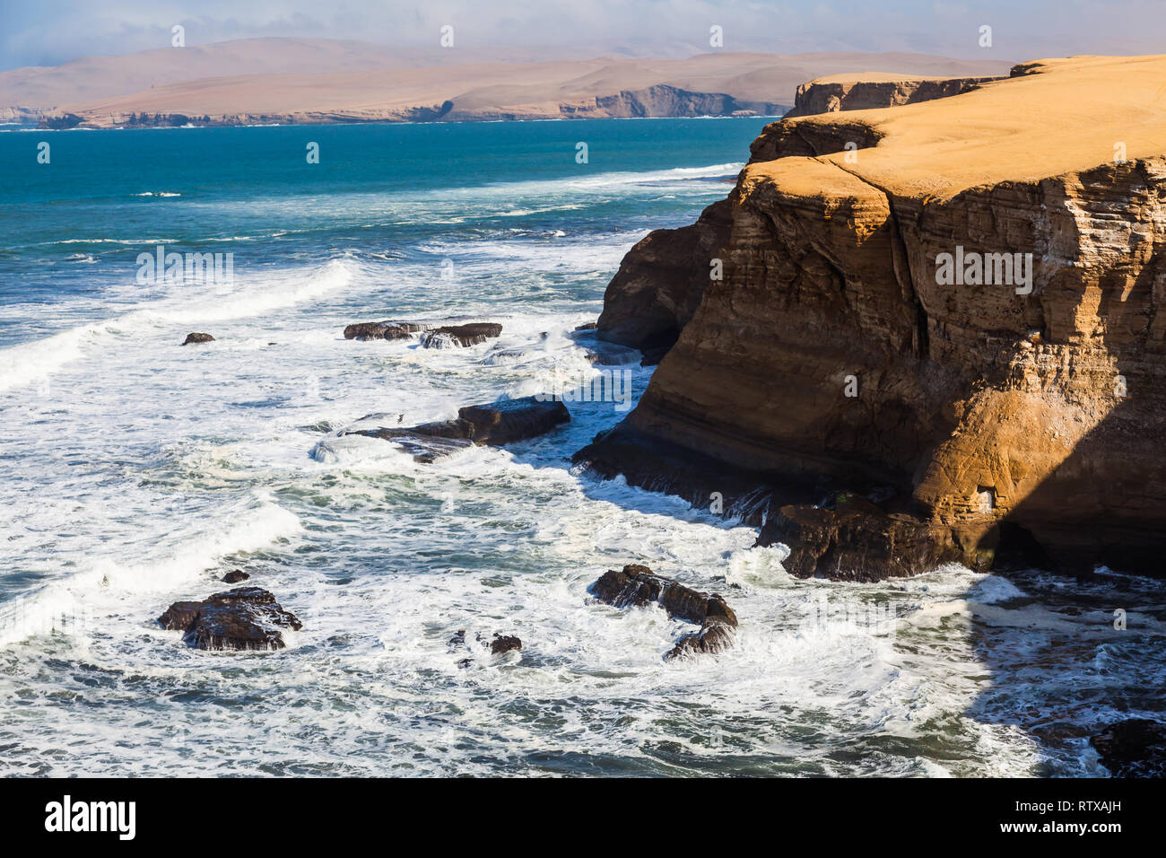 Blue sky, green sea, yellow cliffs and many birds, coasts of Peru ...