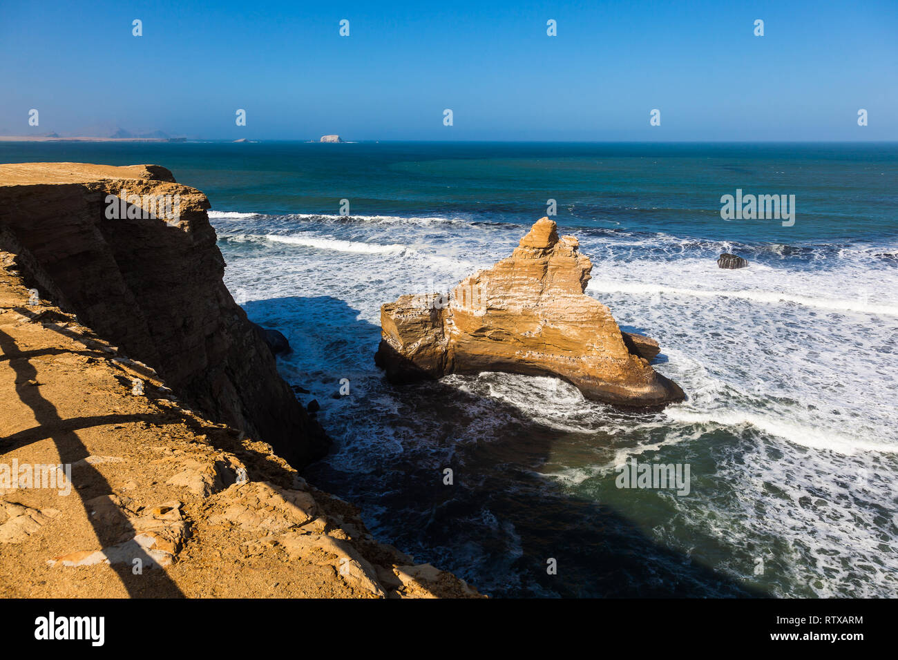 Blue sky, green sea, yellow cliffs and many birds, coasts of Peru ...