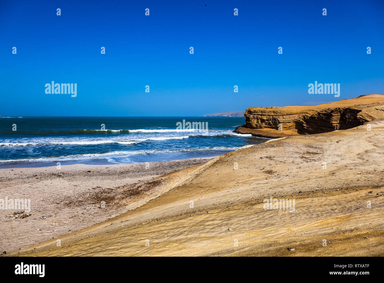 Blue sky, green sea, yellow cliffs and many birds, coasts of Peru ...