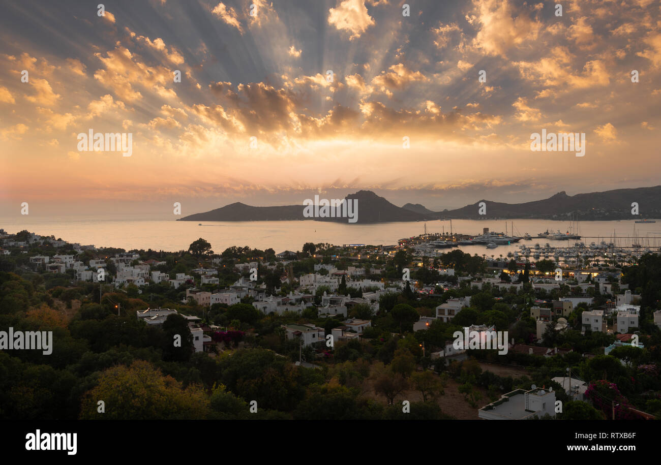Tourist resort in Yalikavak district at sunset, Bodrum, Turkey Stock ...