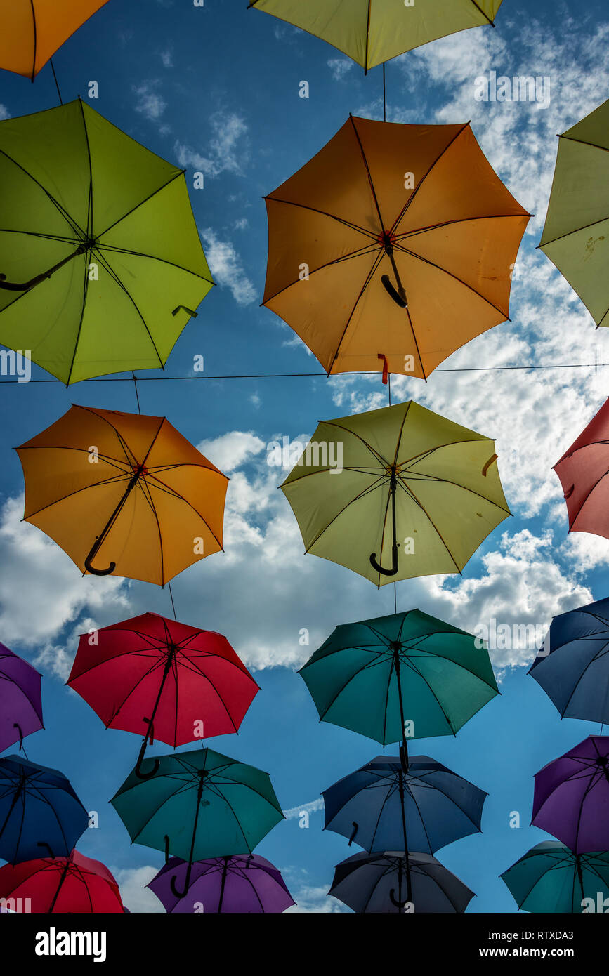 Umbrella Street in the coastal town of Novigrad on the Istria Peninsula ...