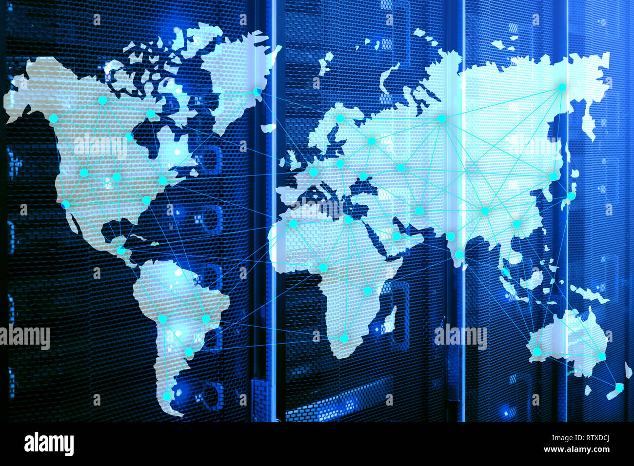 Internet and telecommunication concept with world map on server room ...