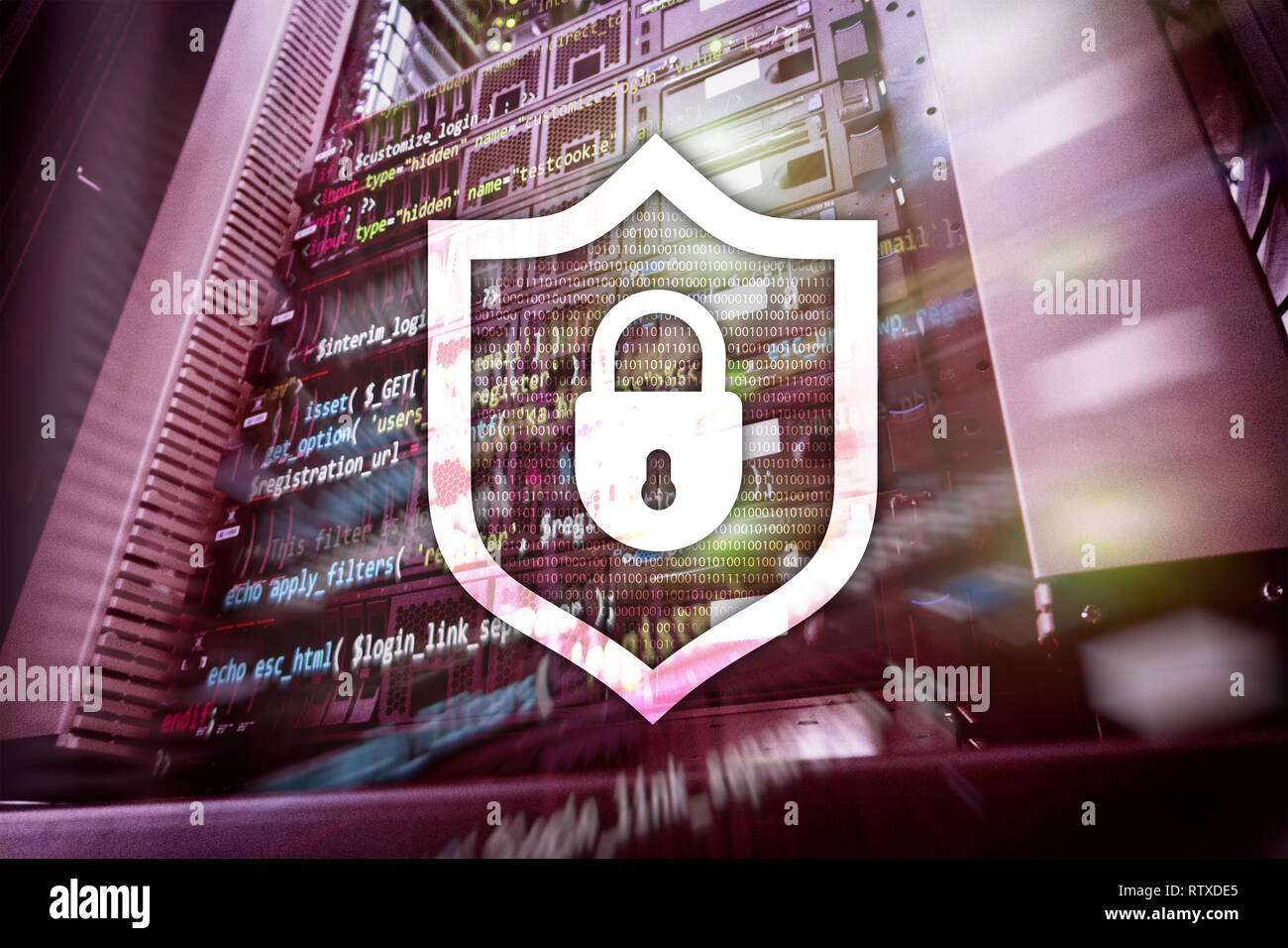 Cyber protection shield icon on server room background. Information ...