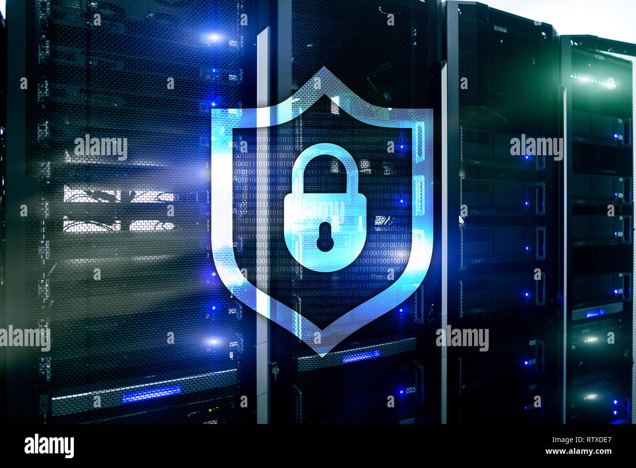 Cyber protection shield icon on server room background. Information ...