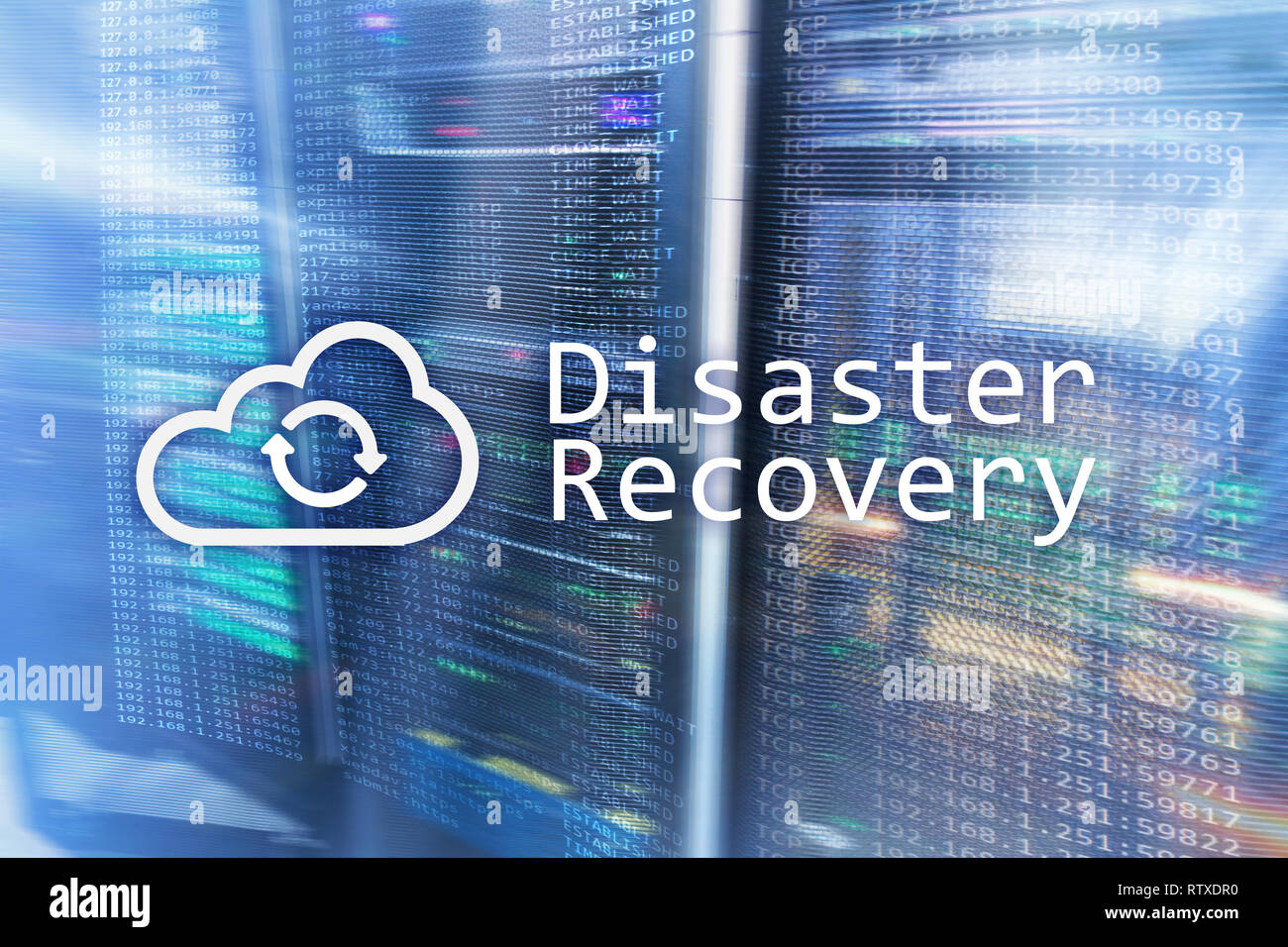 DIsaster recovery. Data loss prevention. Server room on background ...