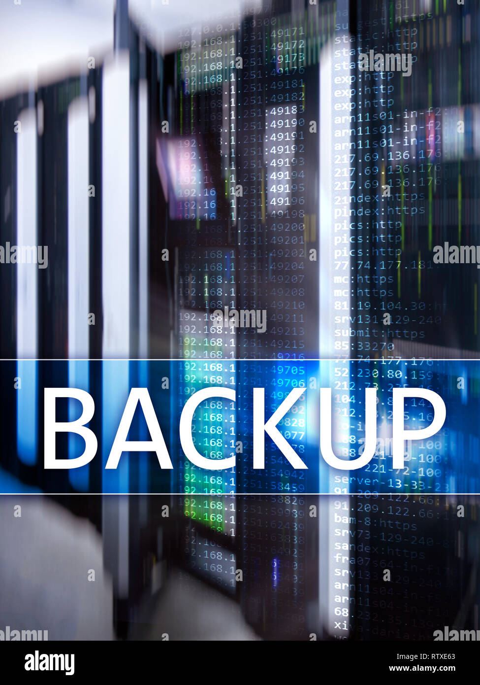 Backup button on modern server room background. Data loss prevention ...