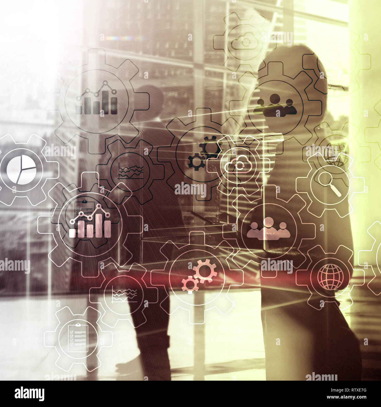 Business process abstract diagram with gears and icons. Workflow and ...