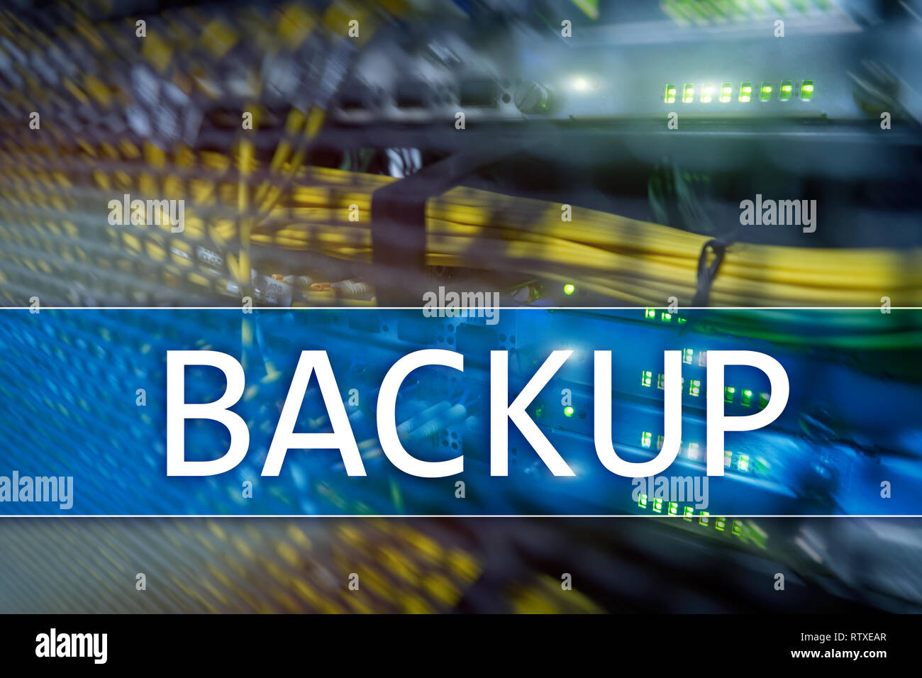 Backup button on modern server room background. Data loss prevention ...
