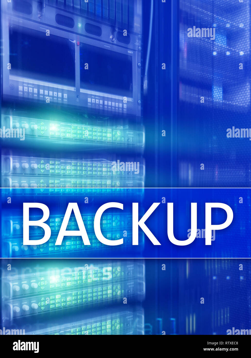 Backup button on modern server room background. Data loss prevention ...