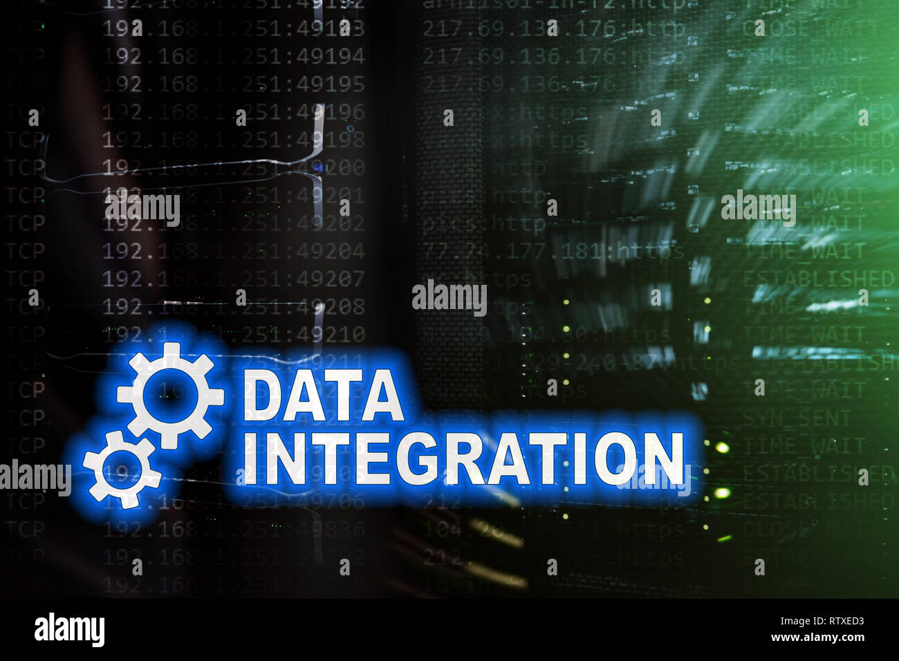Data integration information technology concept on server room ...