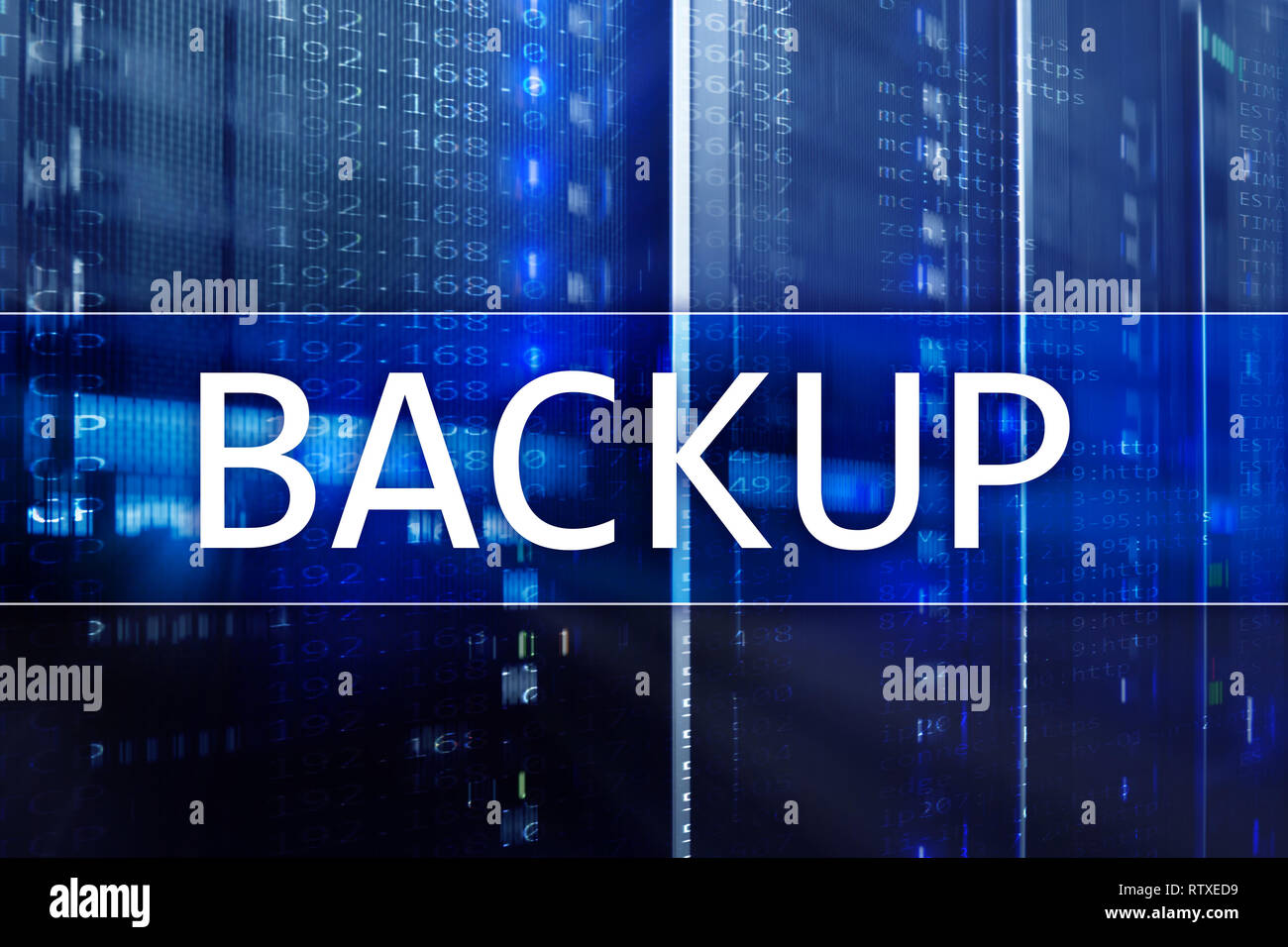 Backup button on modern server room background. Data loss prevention ...