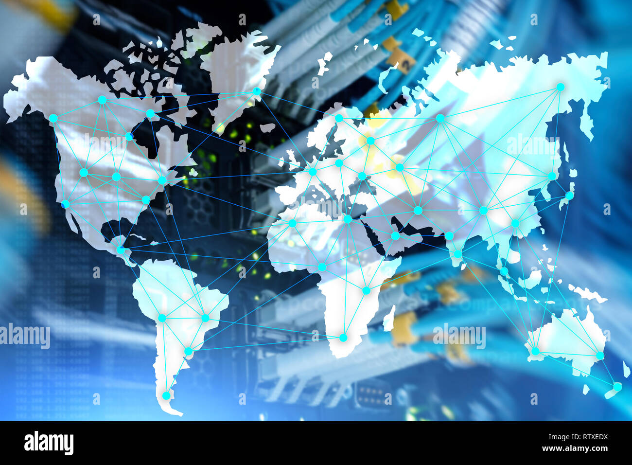 Internet and telecommunication concept with world map on server room ...