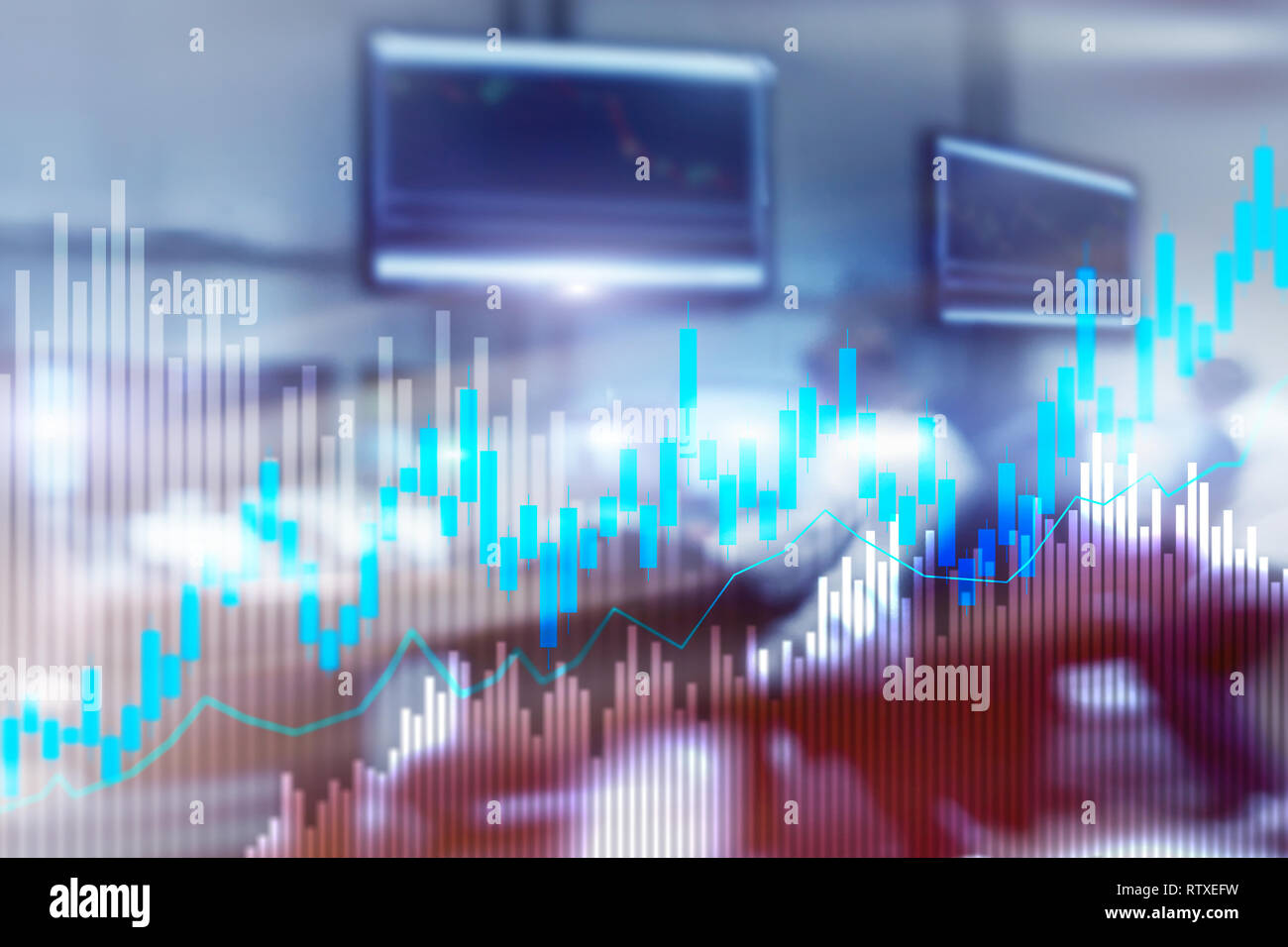 Stock trading candlestick chart and diagrams on blurred office center ...