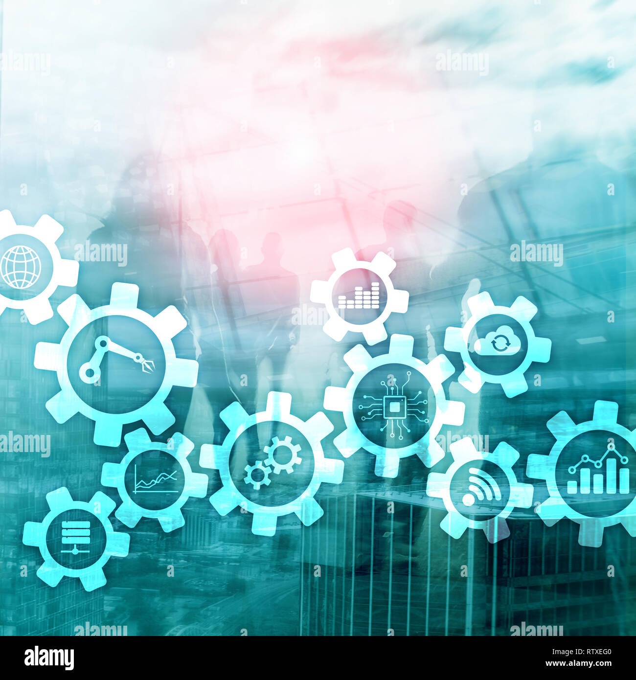Automation Technology And Smart Industry Concept On Blurred Abstract Background Gears And Icons