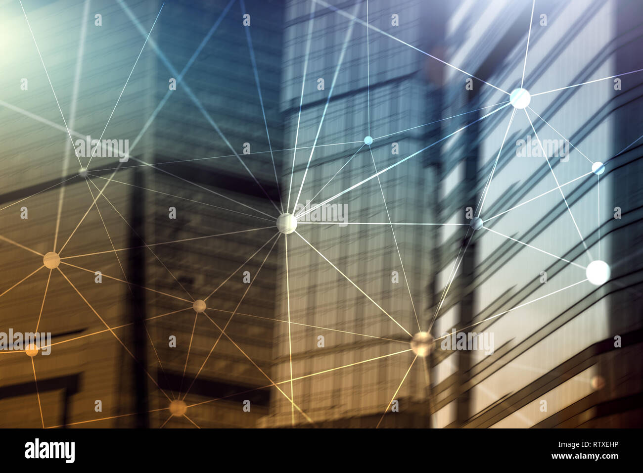 Blockchain network on blurred skyscrapers background. Financial ...