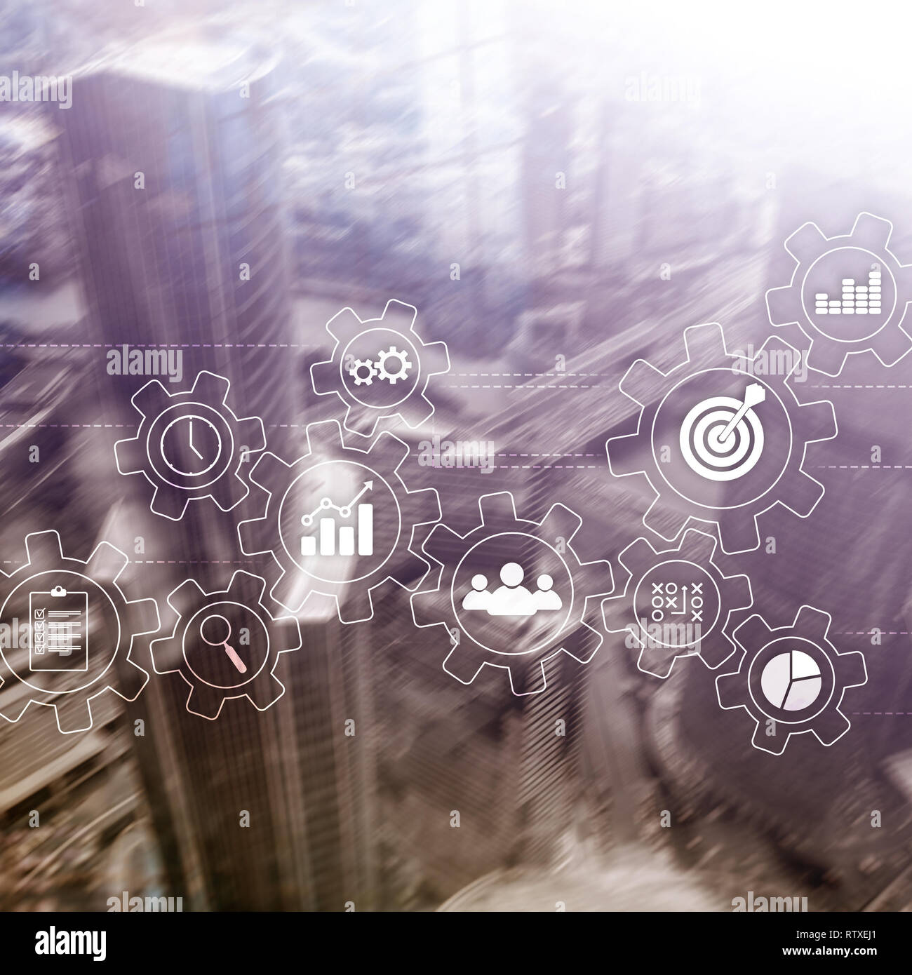 Business process automation concept. Gears and icons on abstract ...