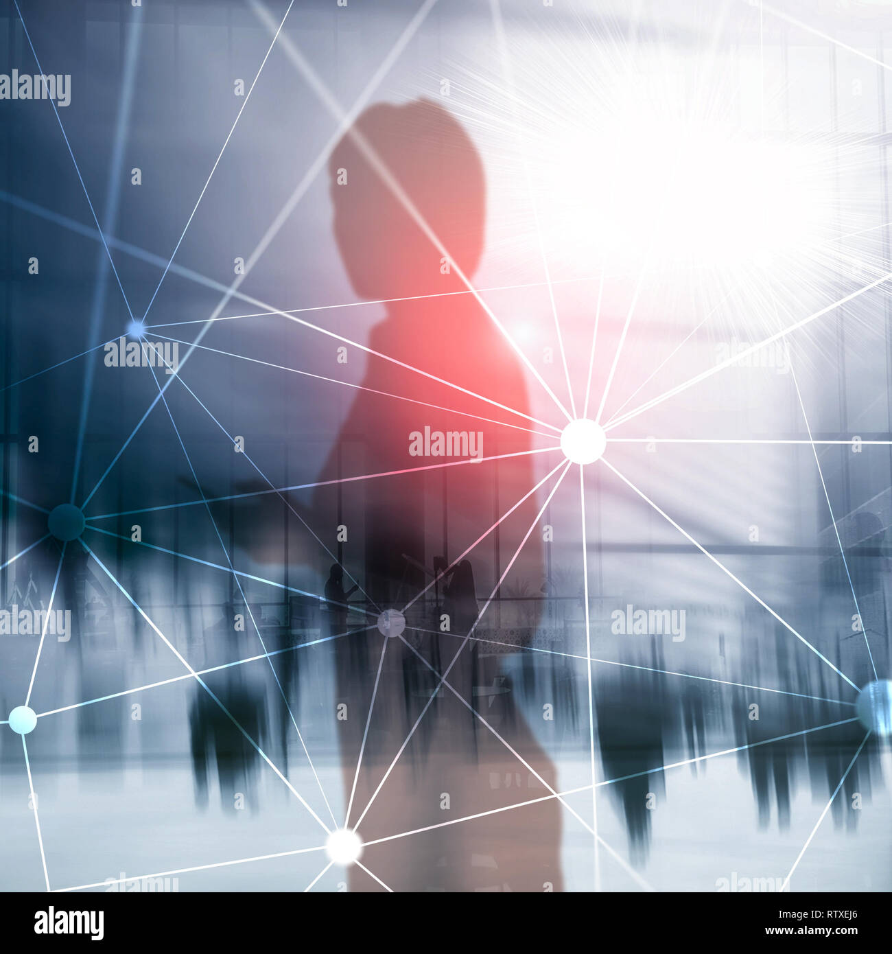 Blockchain network on blurred skyscrapers background. Financial ...