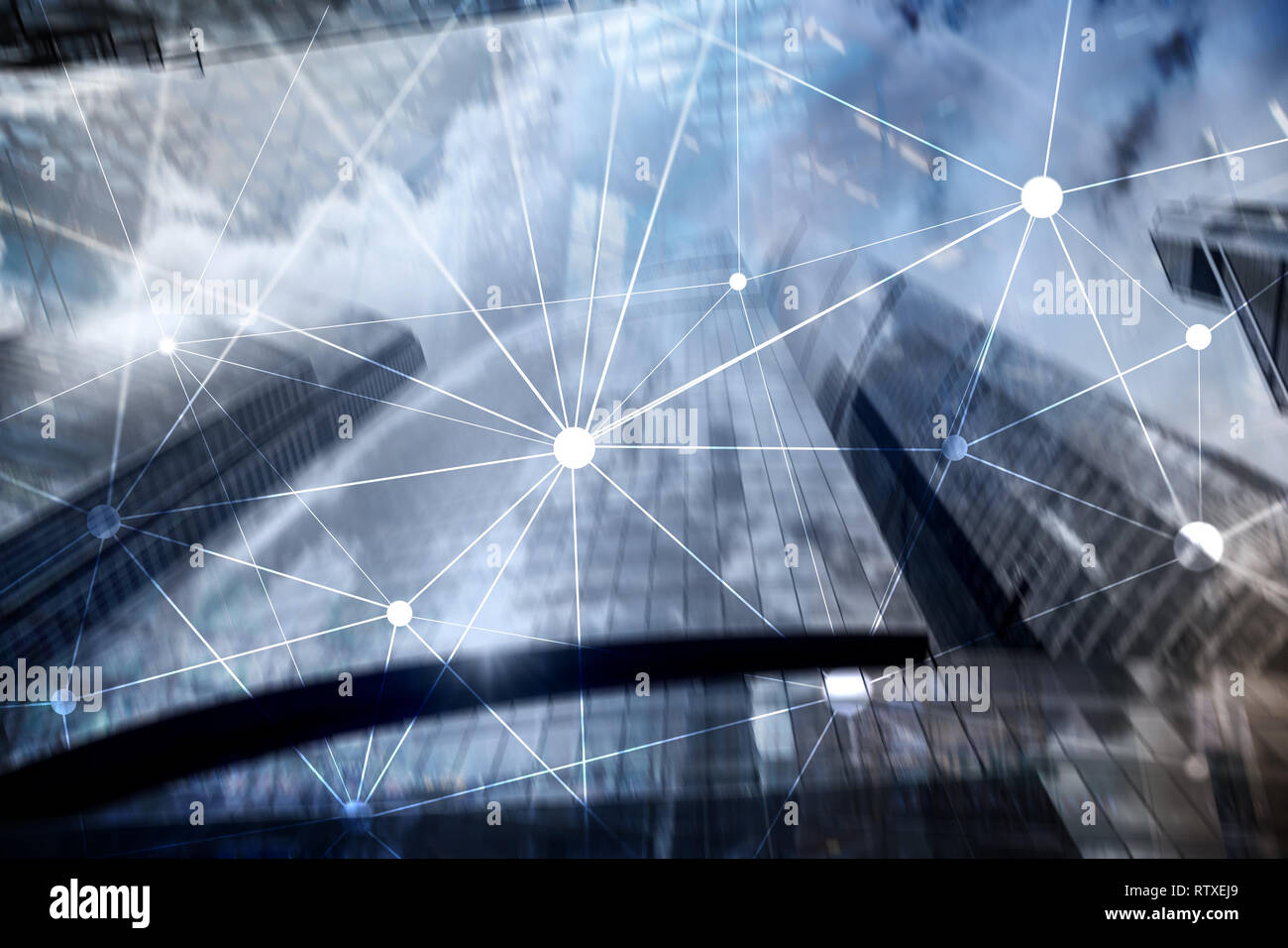 Blockchain network on blurred skyscrapers background. Financial ...