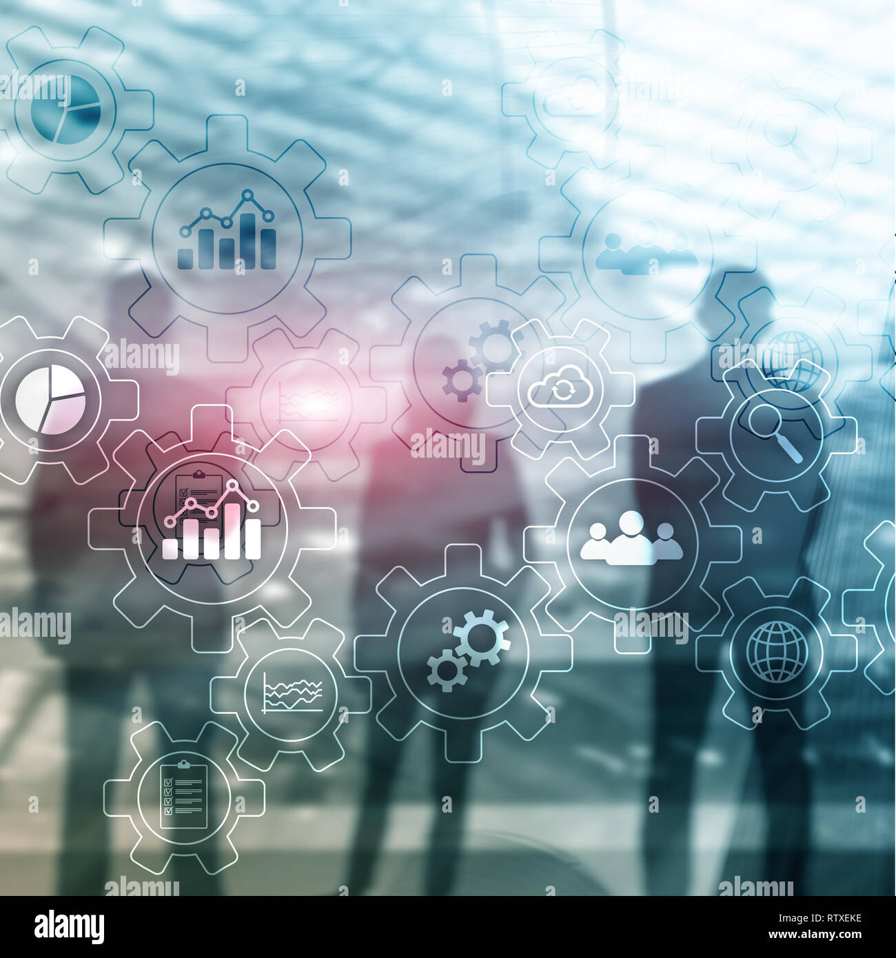 Business process abstract diagram with gears and icons. Workflow and ...