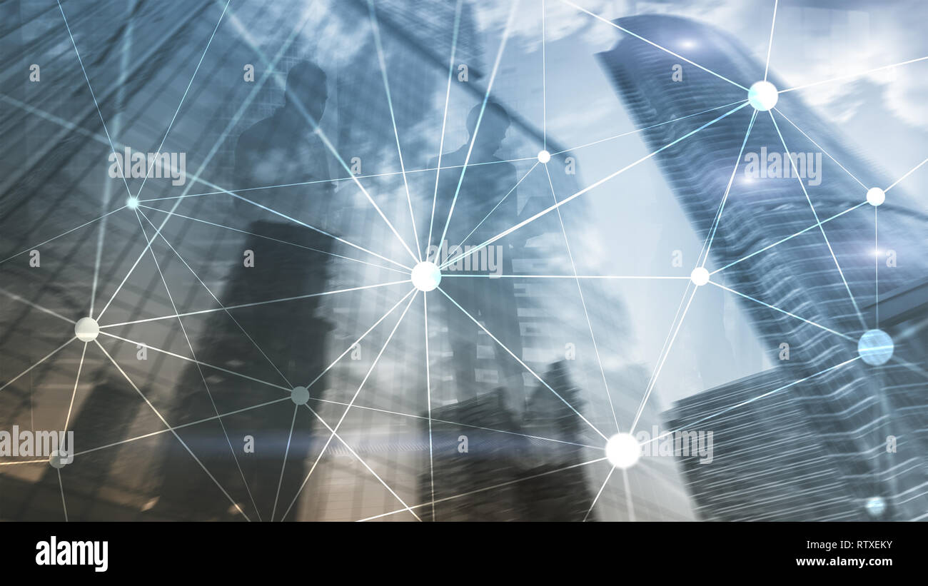 Blockchain network on blurred skyscrapers background. Financial ...
