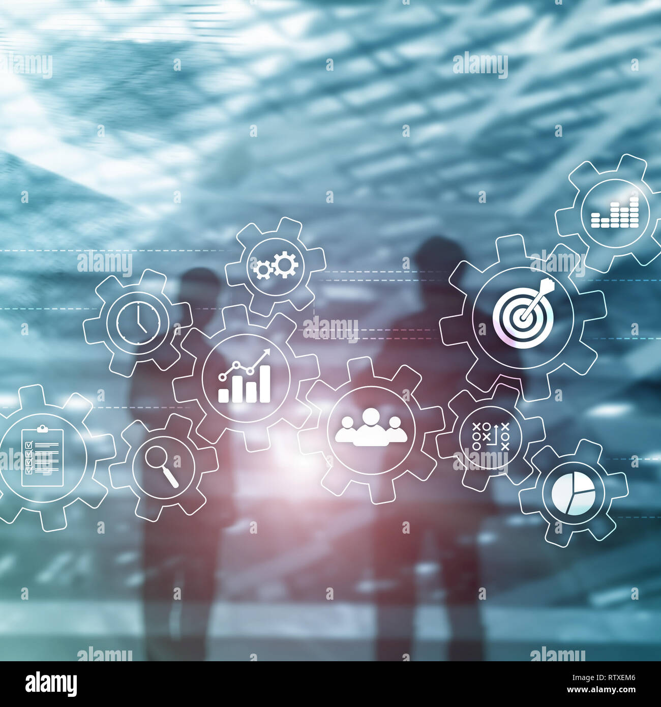 Business process automation concept. Gears and icons on abstract ...