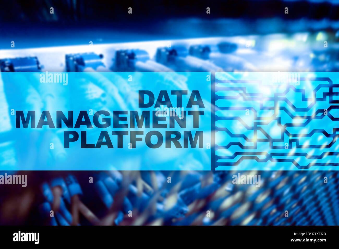Data management and analysis platform concept on server room background ...