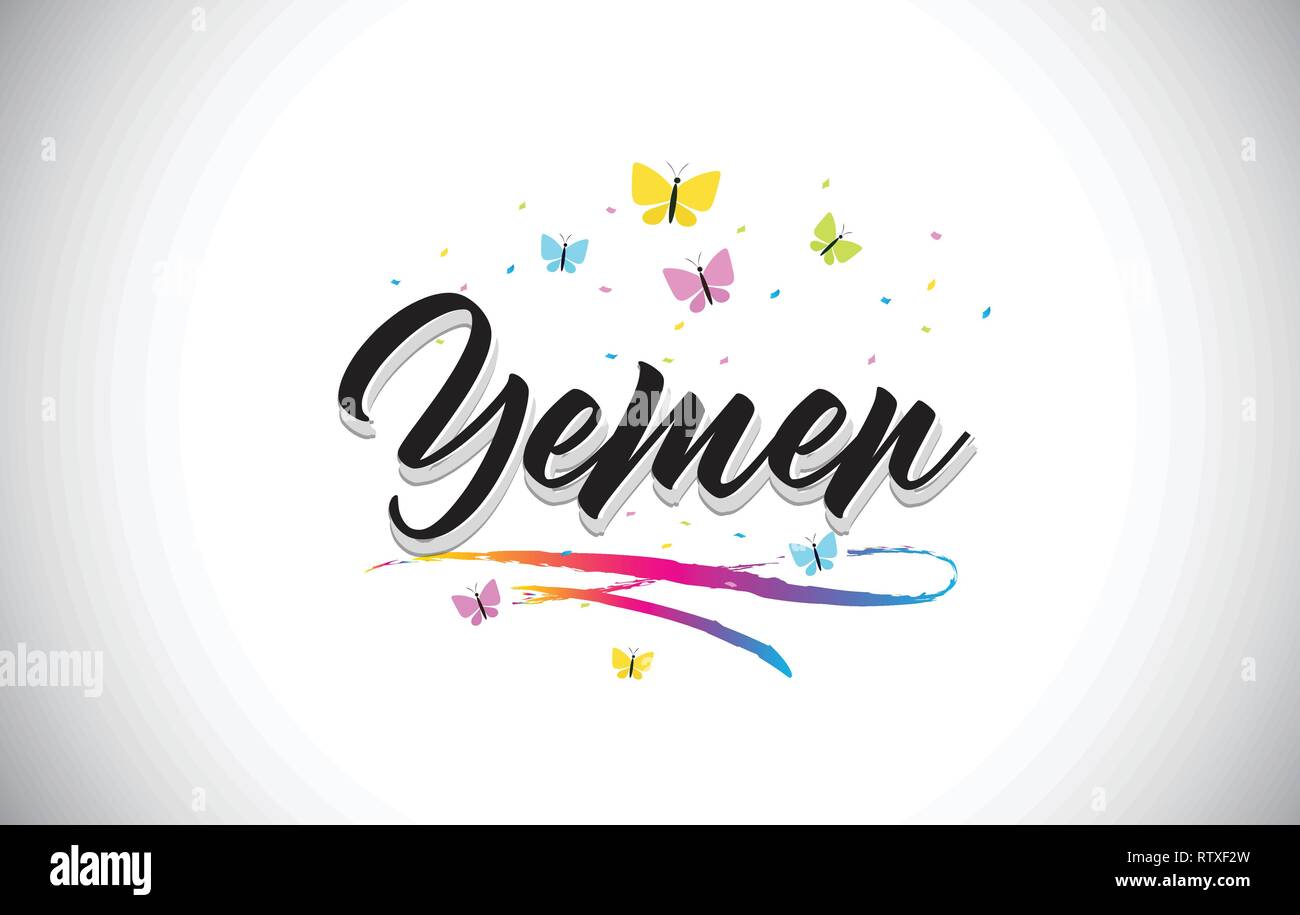 Yemen Handwritten Word Text with Butterflies and Colorful Swoosh Vector ...