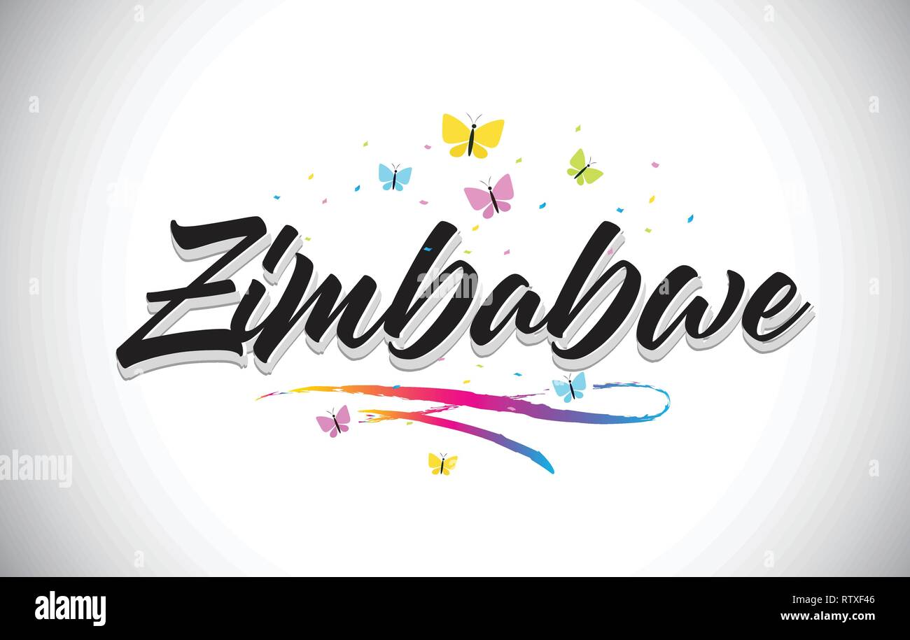 Zimbabwe Handwritten Word Text with Butterflies and Colorful Swoosh ...