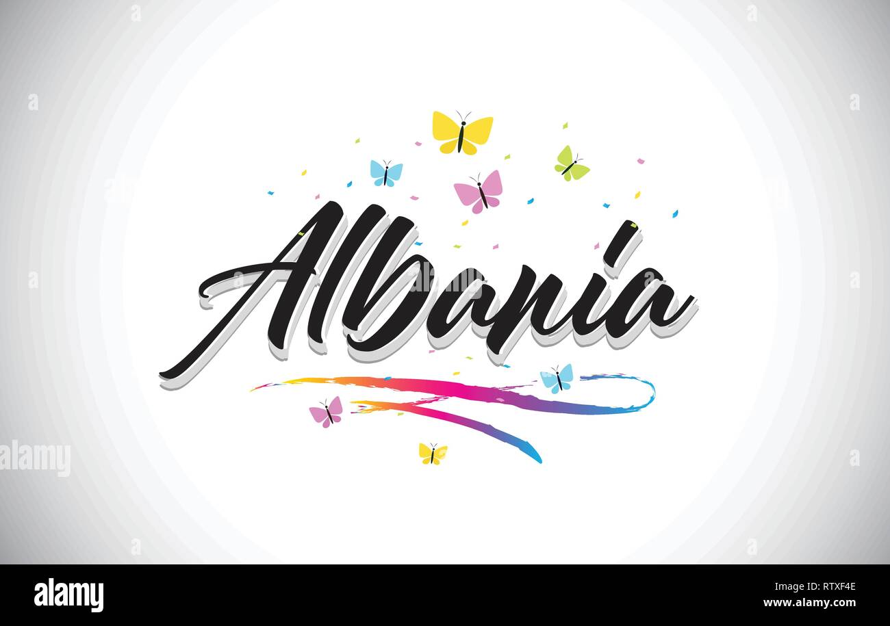 Albania Handwritten Word Text with Butterflies and Colorful Swoosh ...